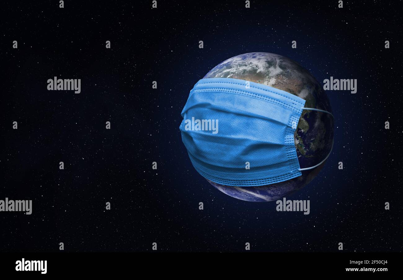 Planet Earth with face mask with copy space. Concept pandemic. Epidemic ...