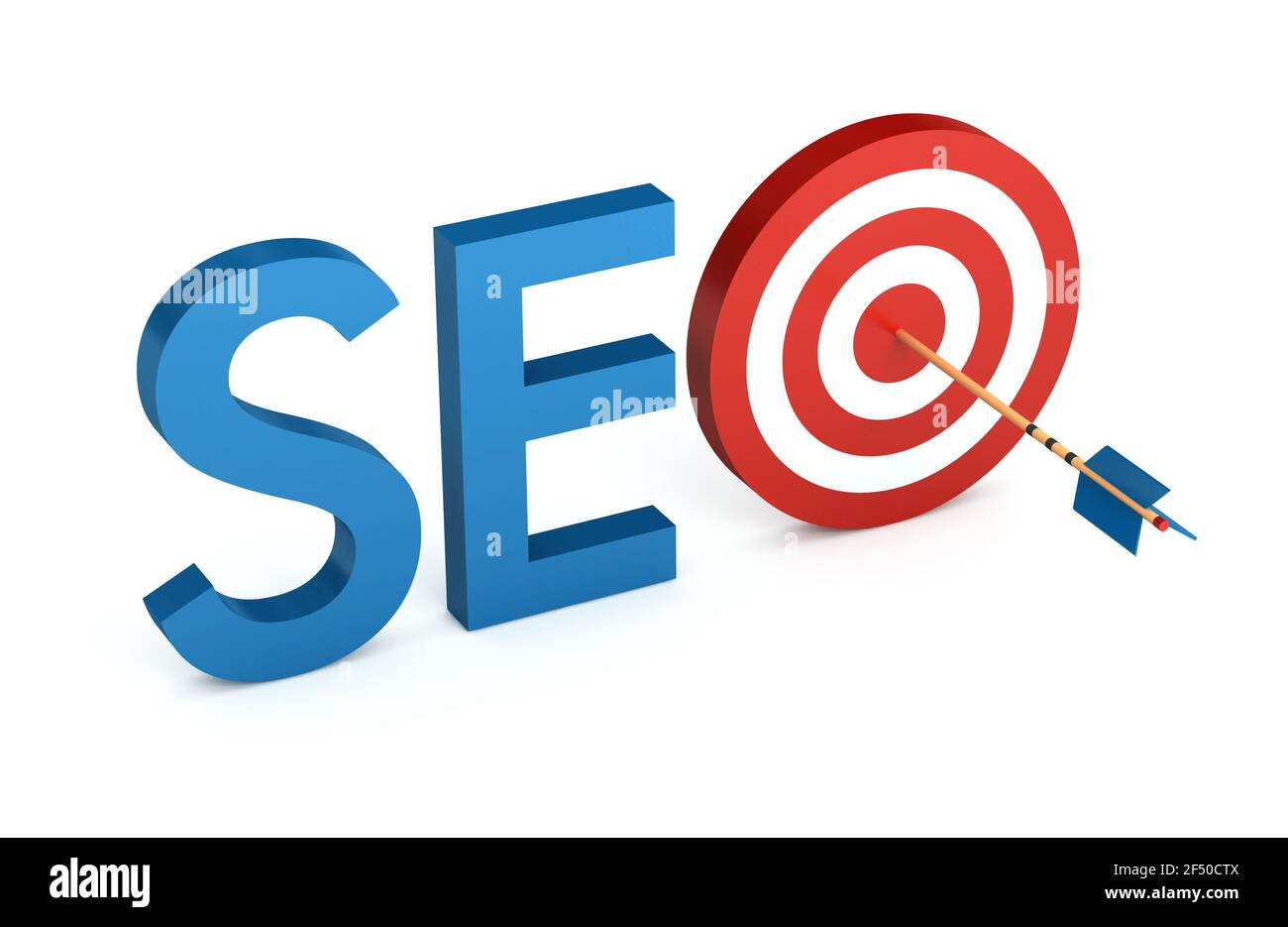 Word SEO with target and arrow, isolated on white background. 3D ...