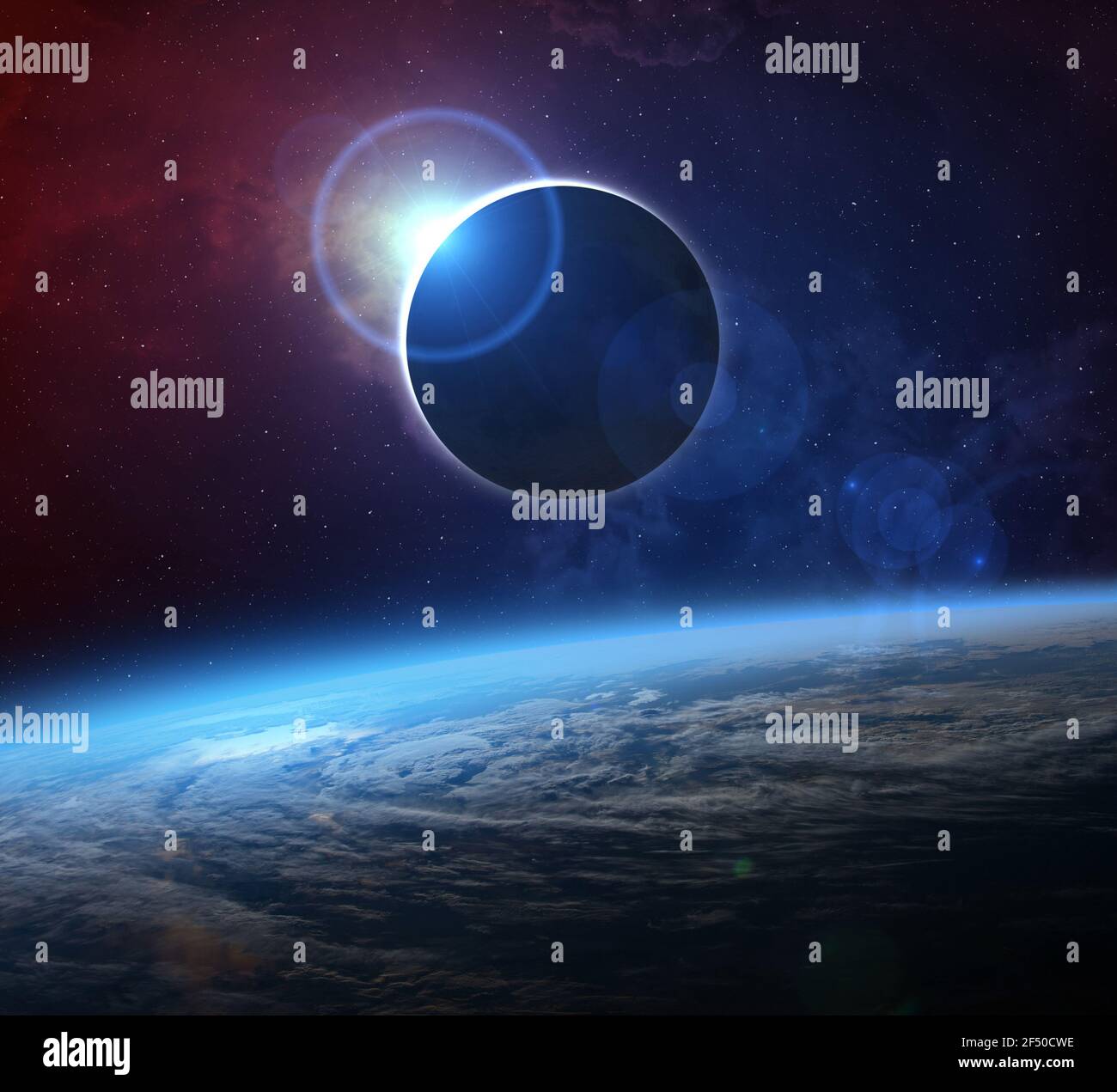Solar Eclipse and Earth. The Moon covers the Sun in a solar eclipse ...