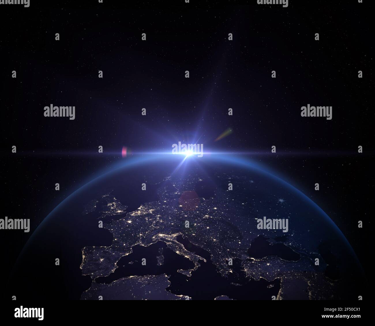 Europe, Asia and Africa at night viewed from space with city lights ...