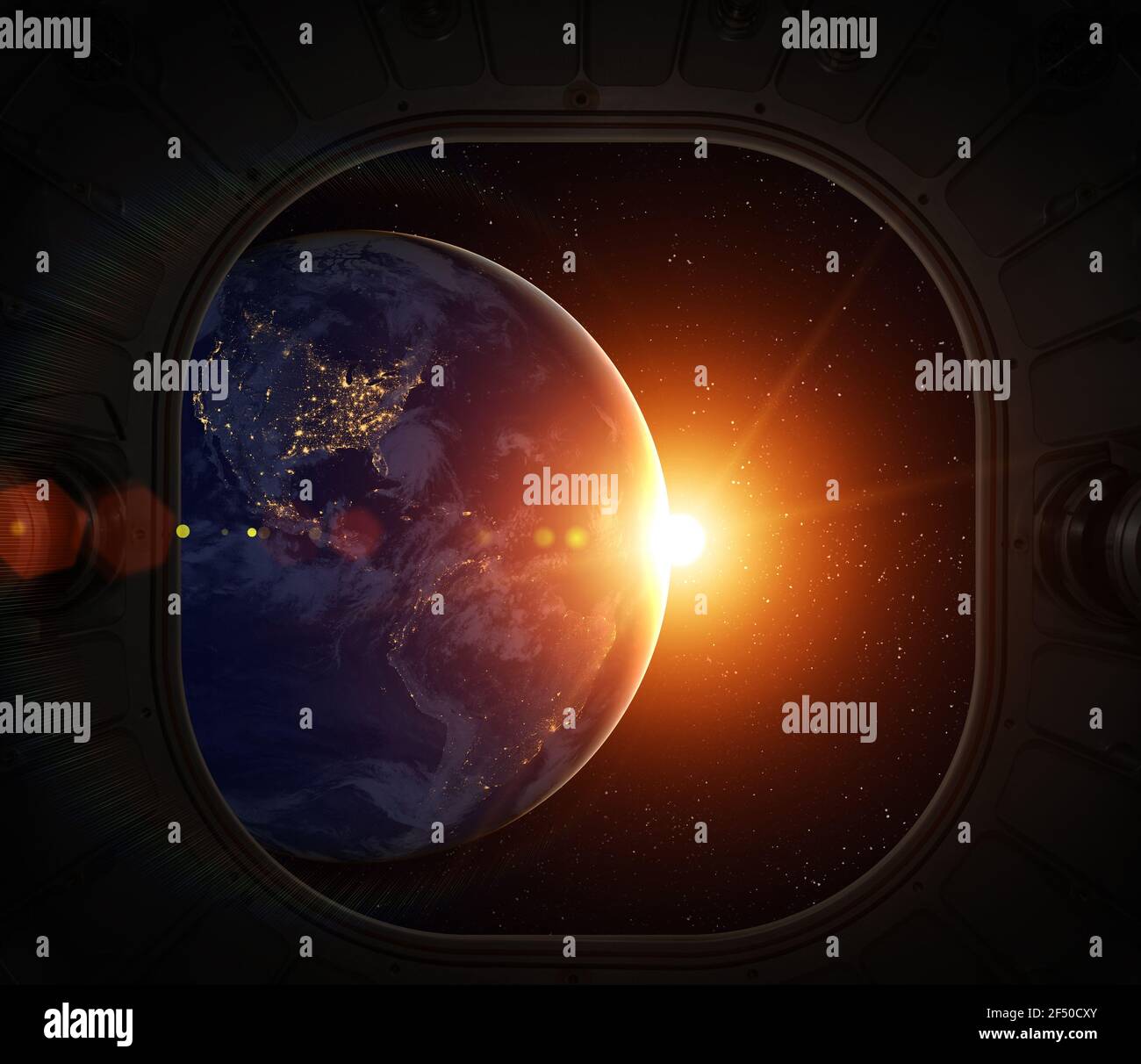 Earth and Sun. Sunrise from spaceship international space station ...
