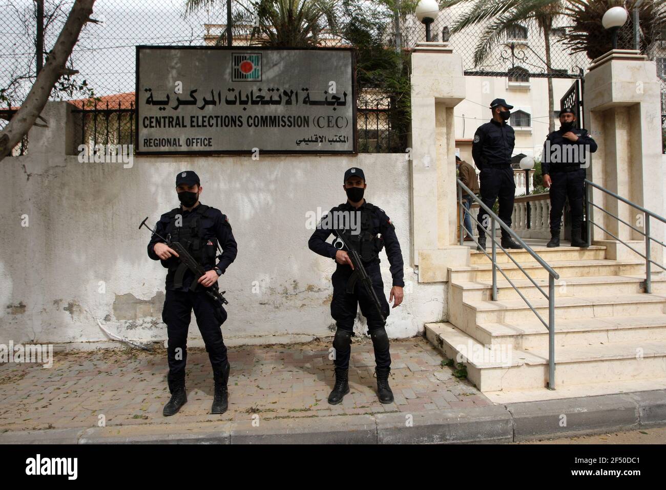 Gaza, Gaza. 23rd Mar, 2021. Police officers stand guard outside the ...