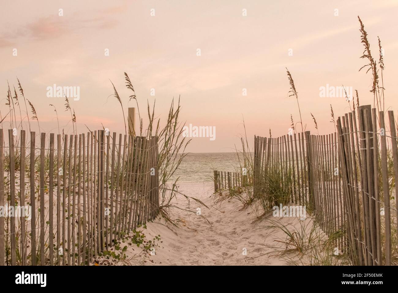 Wooden fence on a sandy beach with an ocean at scenic sunset Stock ...