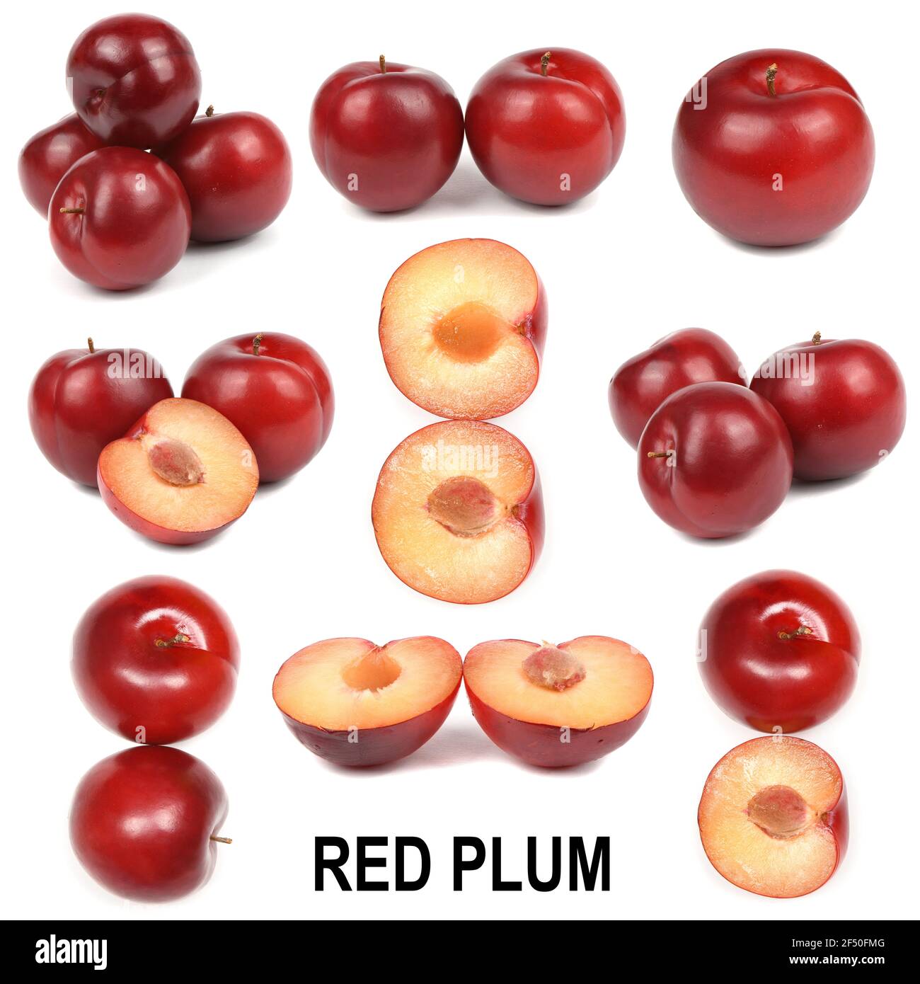 Creative layout made of red plum fruit isolated on white background ...