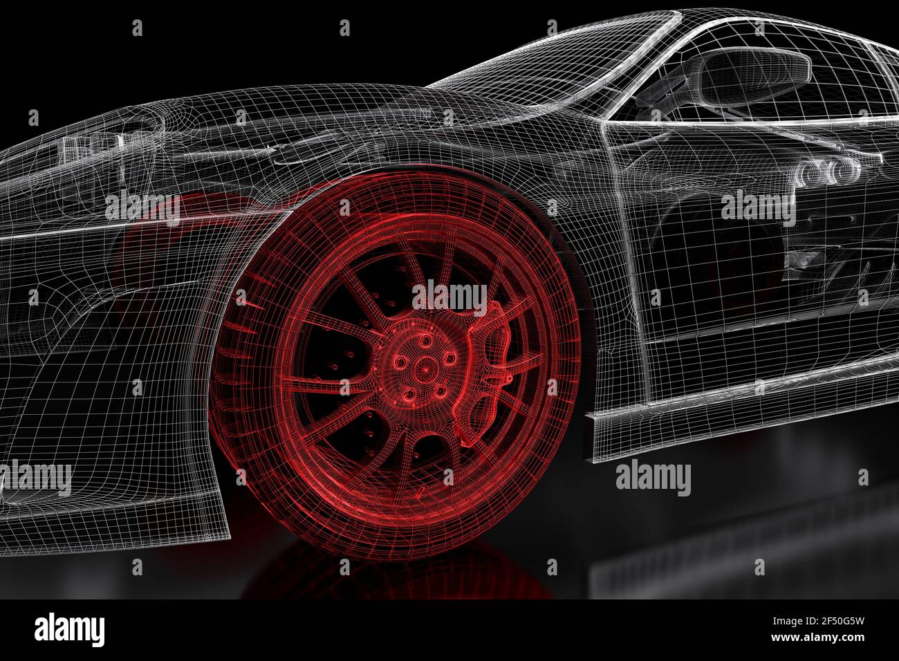Car vehicle 3d blueprint mesh model with a red wheel tire on a black ...