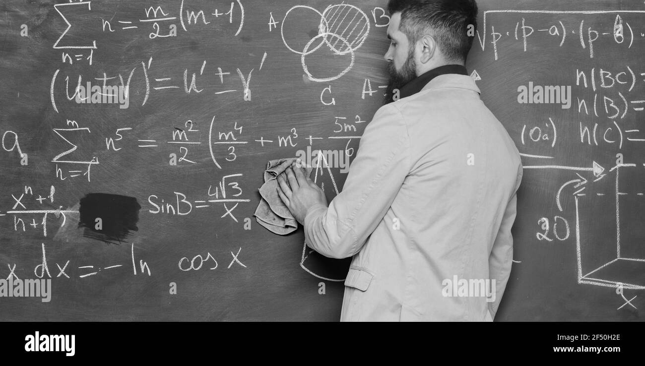 Prepare for lesson. Teacher bearded man cleaning chalkboard background ...