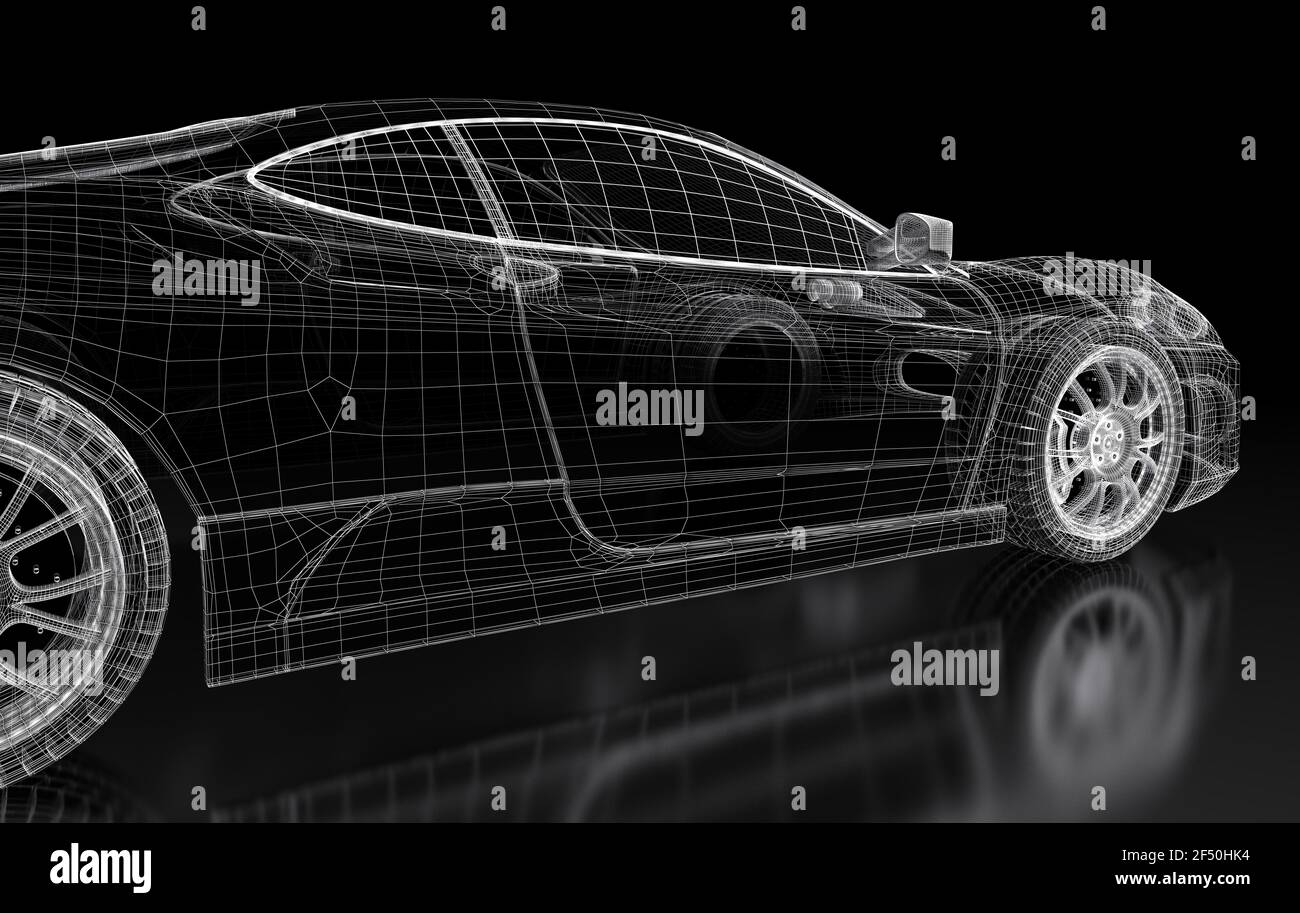 Car vehicle 3d blueprint mesh model on a black background. 3d rendered ...
