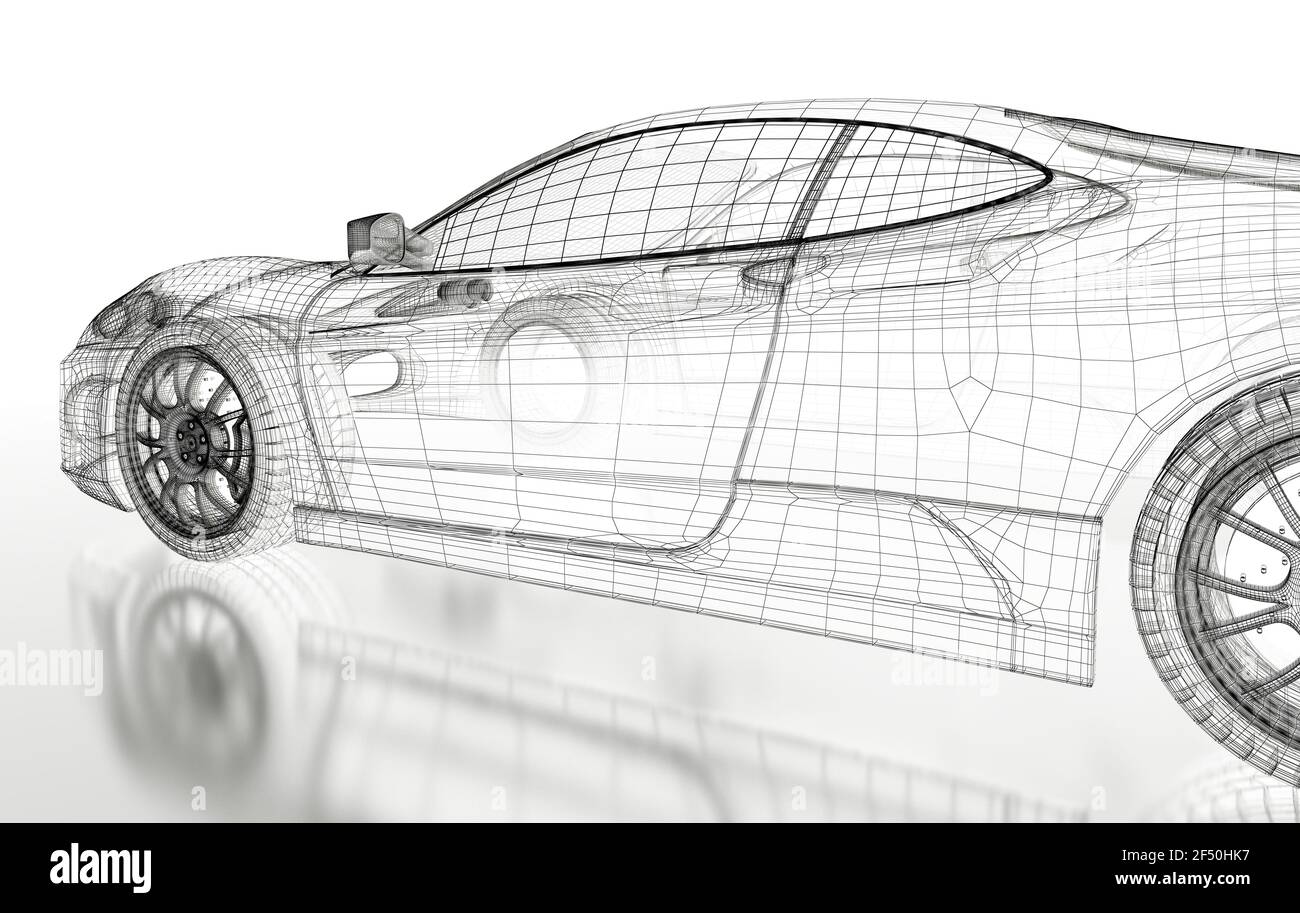 Car vehicle 3d blueprint mesh model on a white background. 3d rendered ...