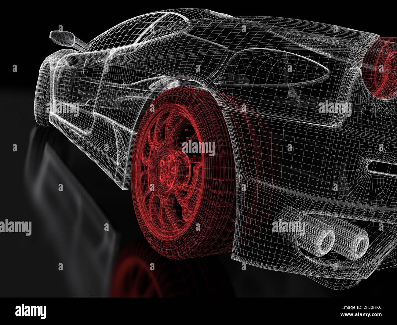 Car vehicle 3d blueprint mesh model with a red wheel tire on a black ...
