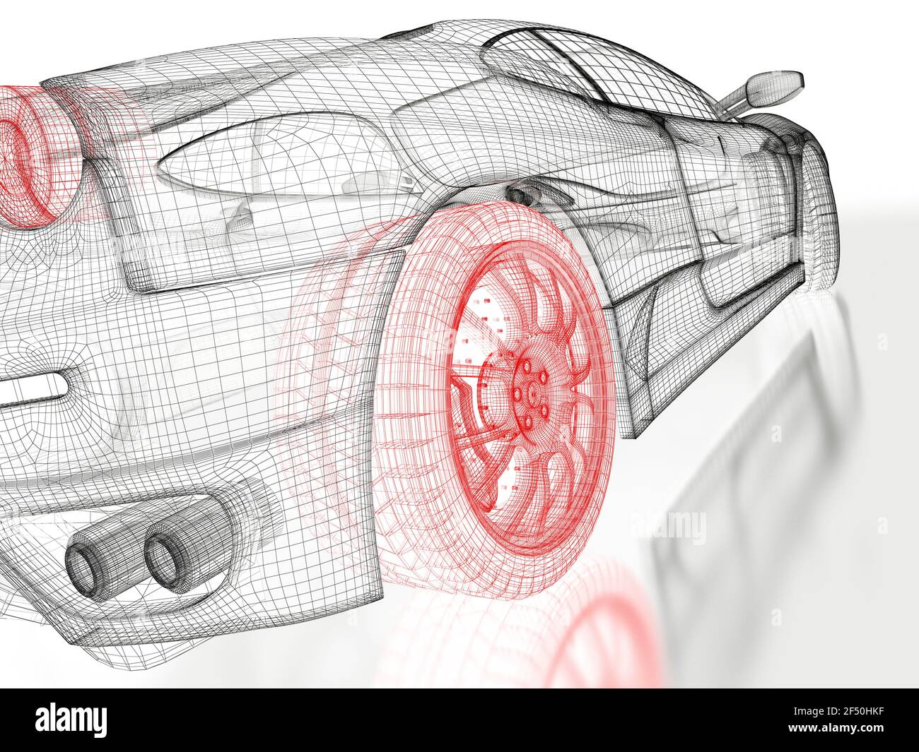 Car vehicle 3d blueprint mesh model with a red wheel tire on a white ...