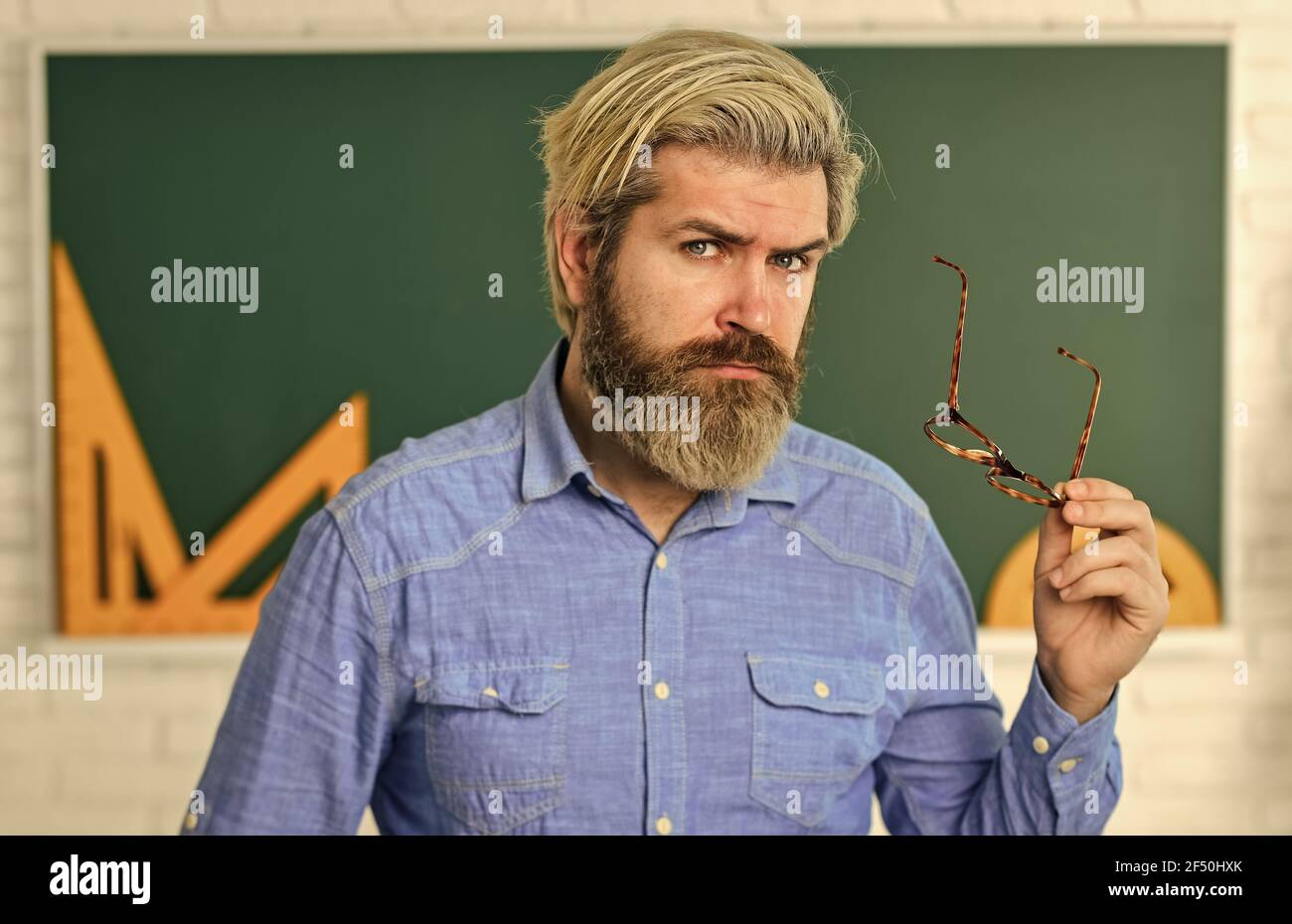 Science modern school. Back to school. Mature bearded man in glasses ...