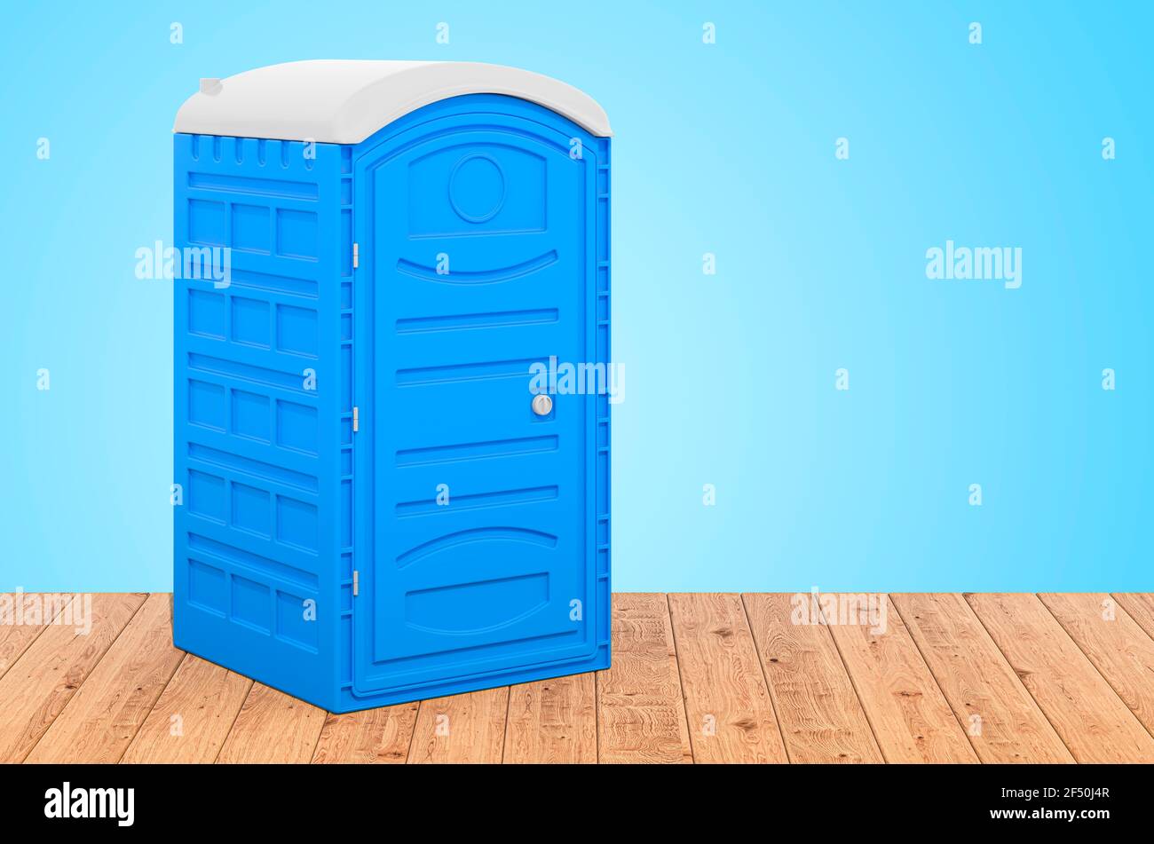 Mobile portable blue plastic toilets on the wooden planks, 3D rendering ...
