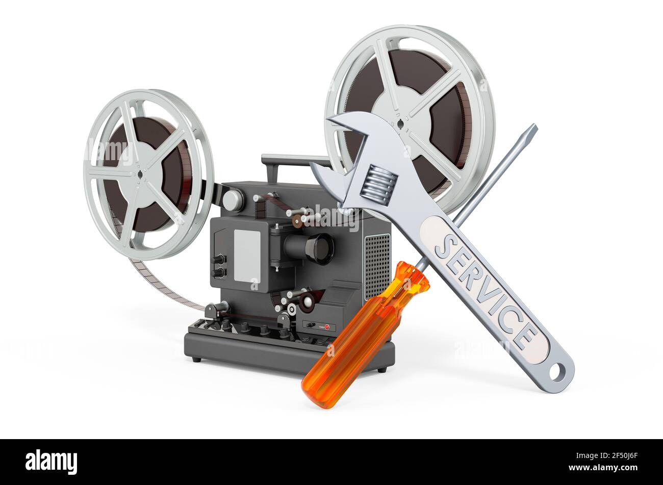 Service and repair of film projector, 3D rendering isolated on white ...