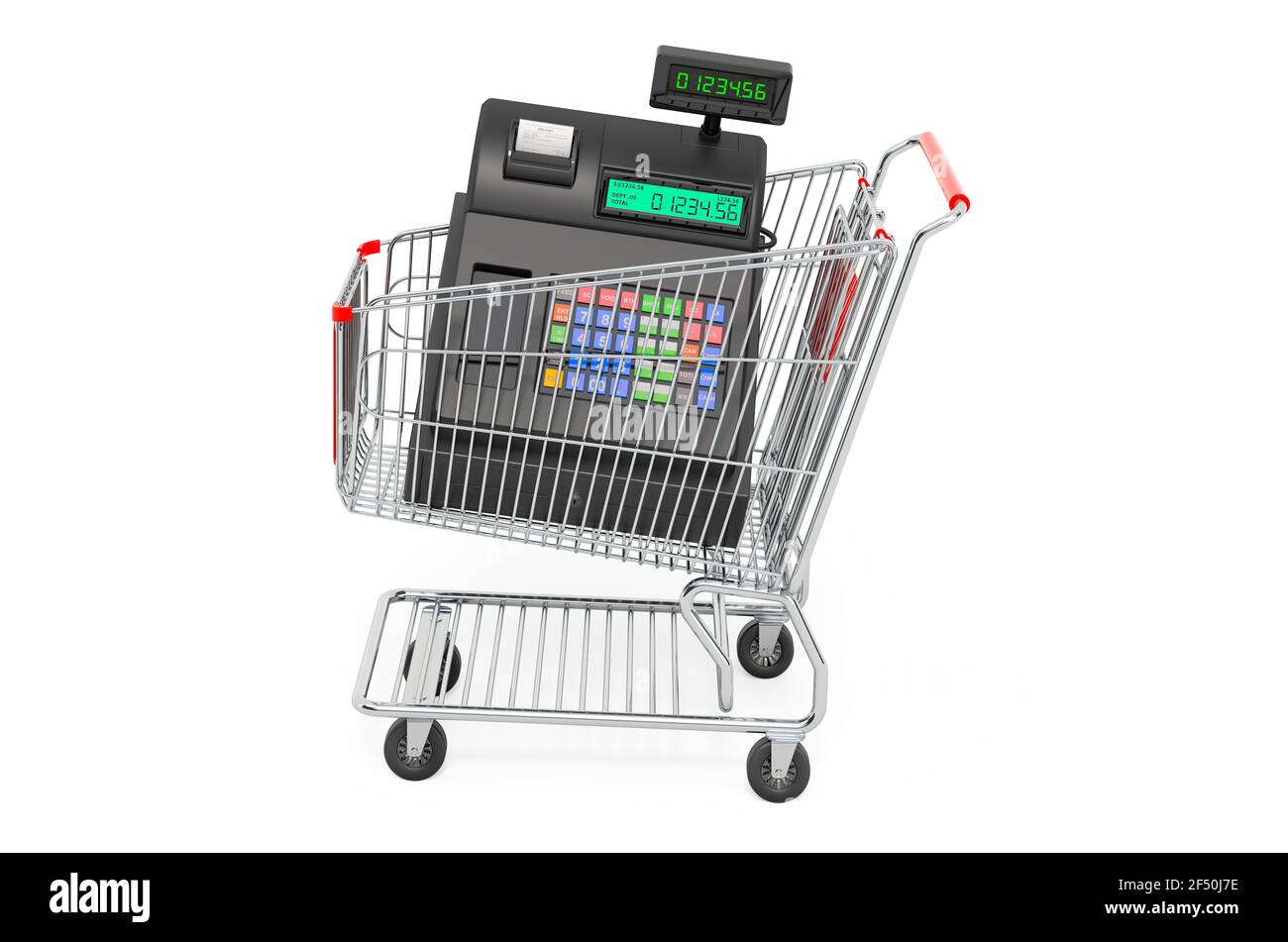 Shopping cart with cash register, 3D rendering isolated on white ...