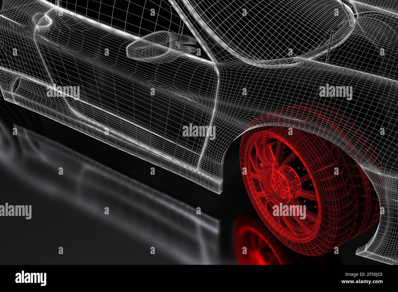 Car vehicle 3d blueprint mesh model with a red wheel tire on a black ...