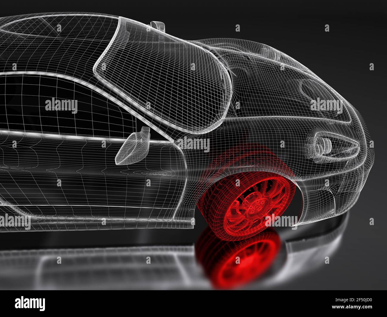 Car vehicle 3d blueprint mesh model with a red wheel tire on a black ...