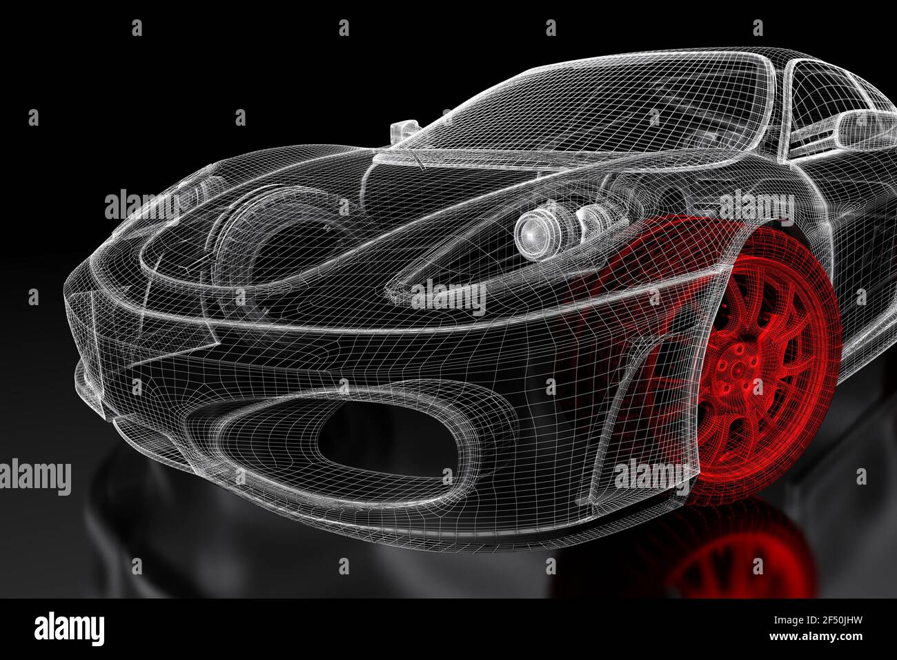 Car vehicle 3d blueprint mesh model with a red wheel tire on a black ...