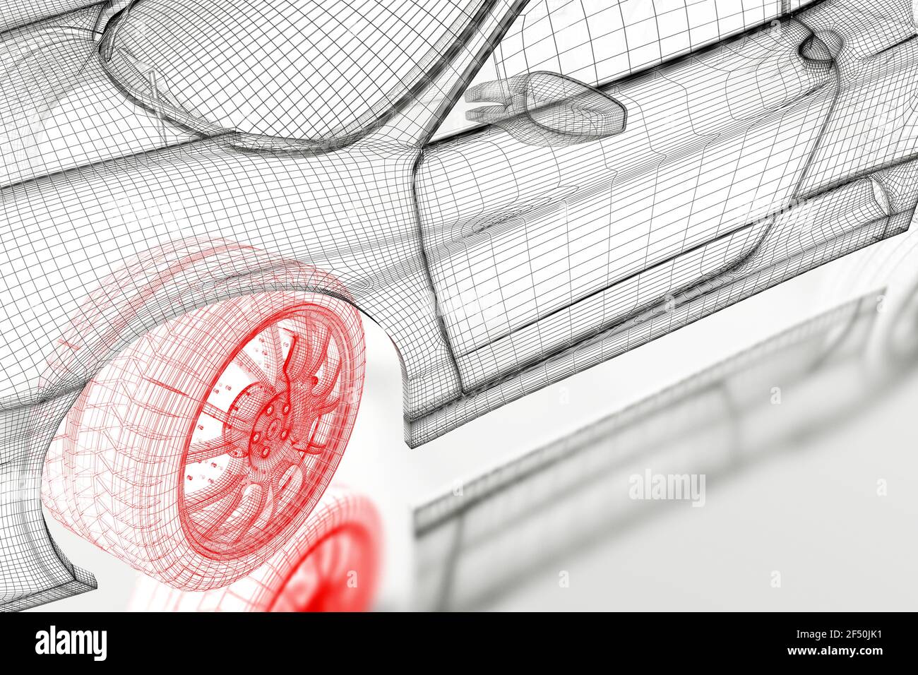 Car vehicle 3d blueprint mesh model with a red wheel tire on a white ...