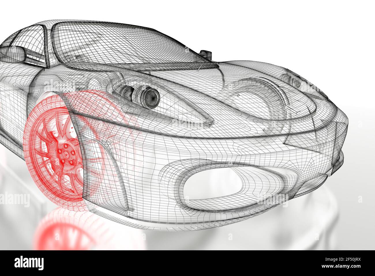 Car vehicle 3d blueprint mesh model with a red wheel tire on a white ...