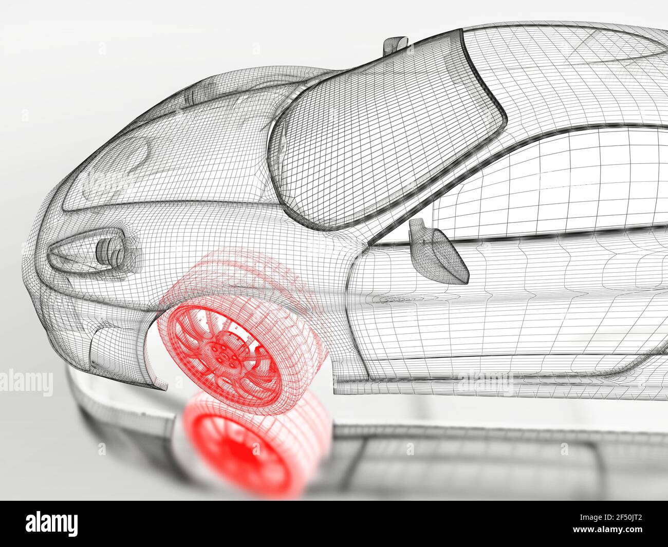Car vehicle 3d blueprint mesh model with a red wheel tire on a white ...