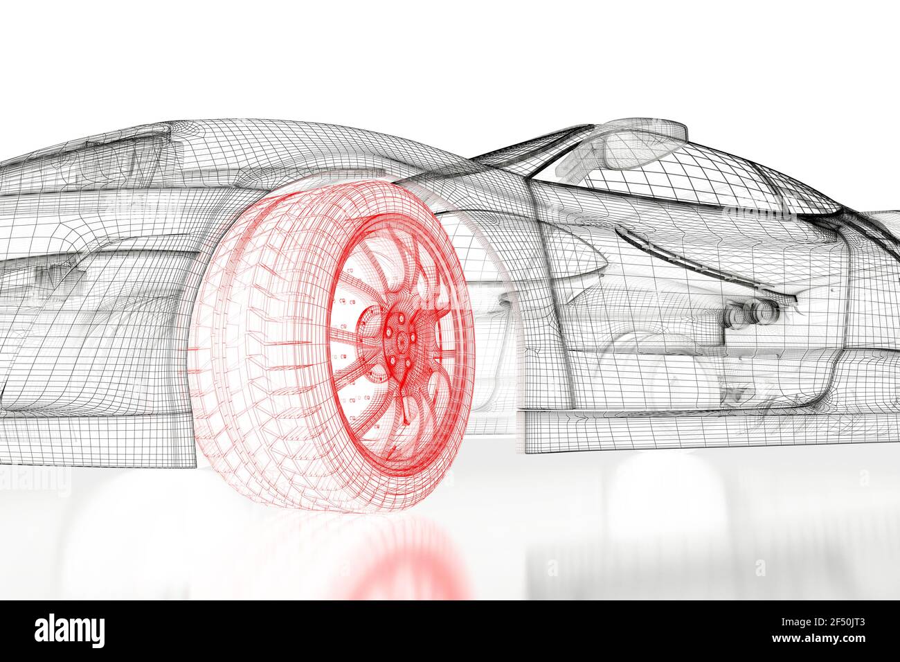 Car vehicle 3d blueprint mesh model with a red wheel tire on a white ...