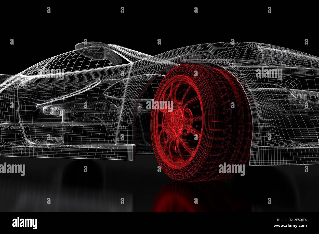 Car vehicle 3d blueprint mesh model with a red wheel tire on a black ...