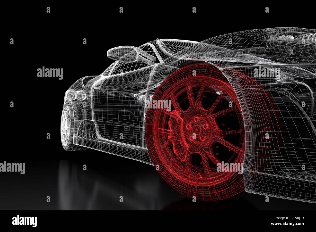 Car vehicle 3d blueprint mesh model with a red wheel tire on a black ...
