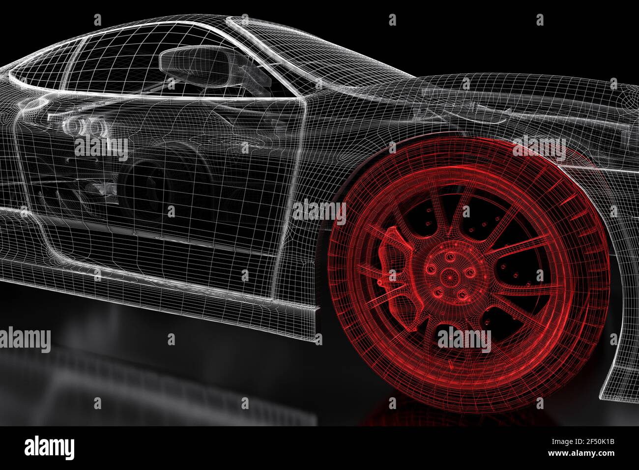 Car vehicle 3d blueprint mesh model with a red wheel tire on a black ...