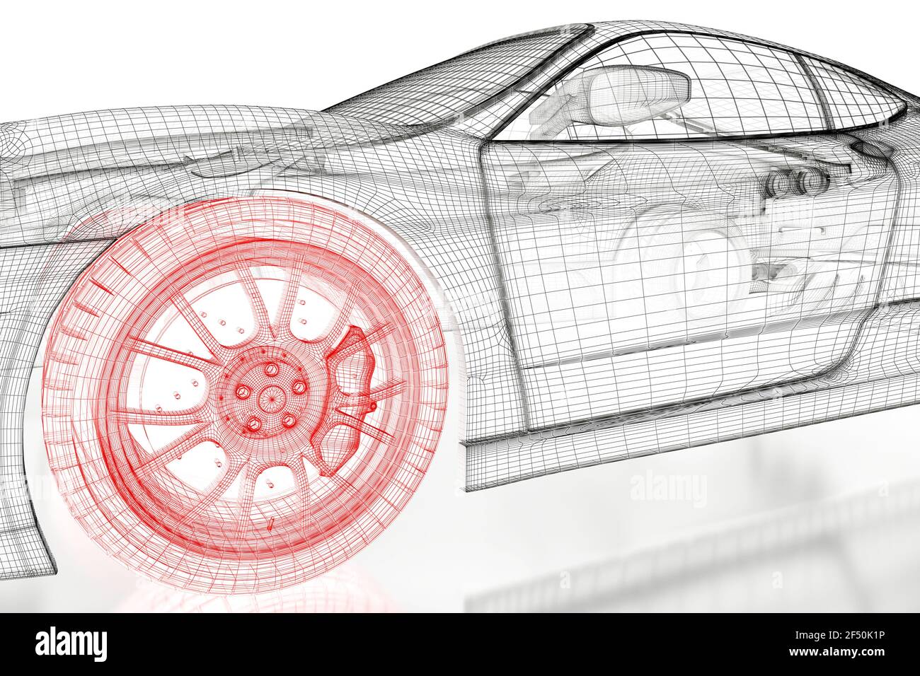 Car vehicle 3d blueprint mesh model with a red wheel tire on a white ...