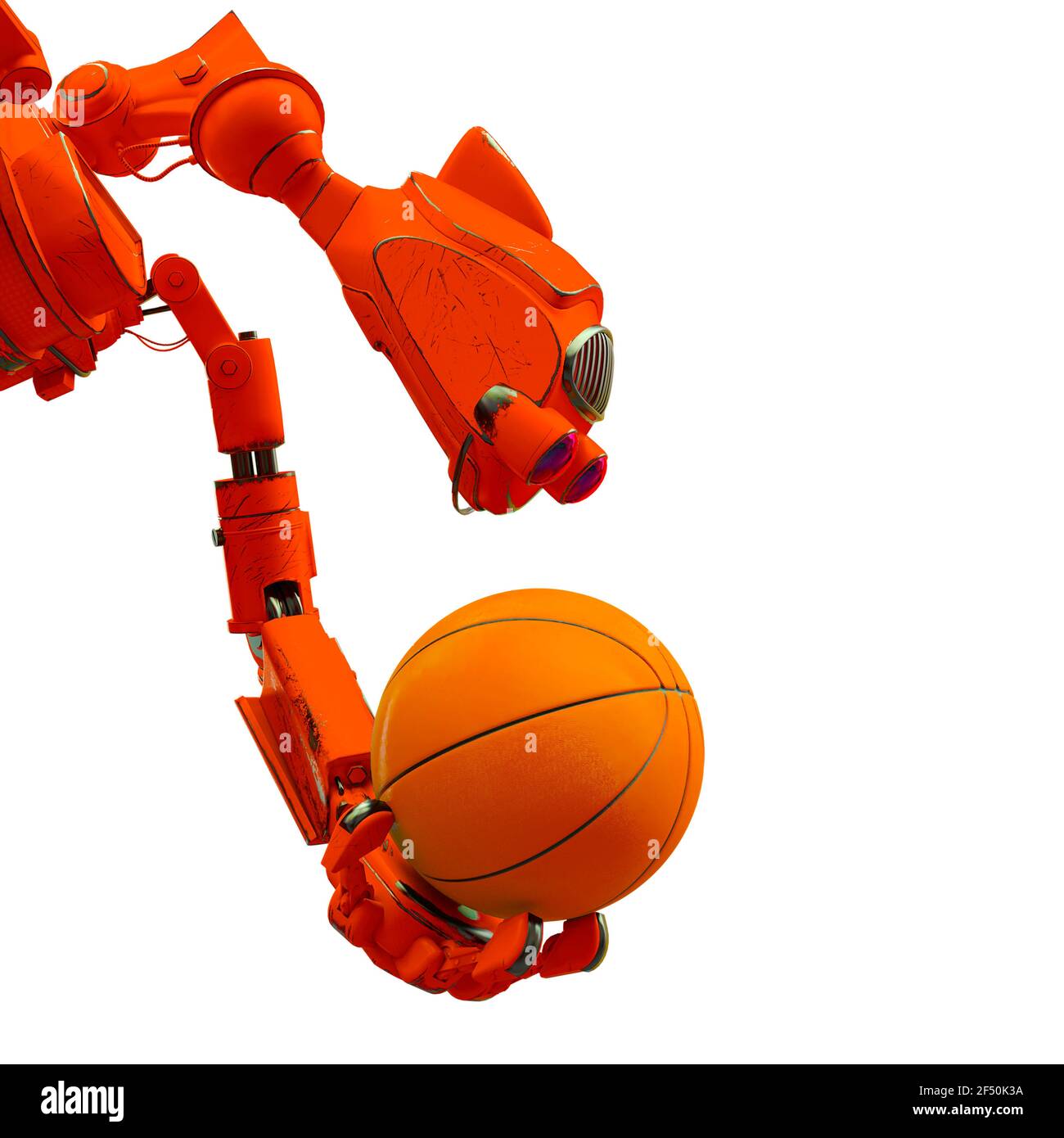 friendly robot is holding a basketball ball in white background side ...