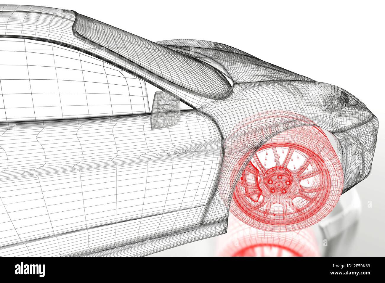 Car vehicle 3d blueprint mesh model with a red wheel tire on a white ...