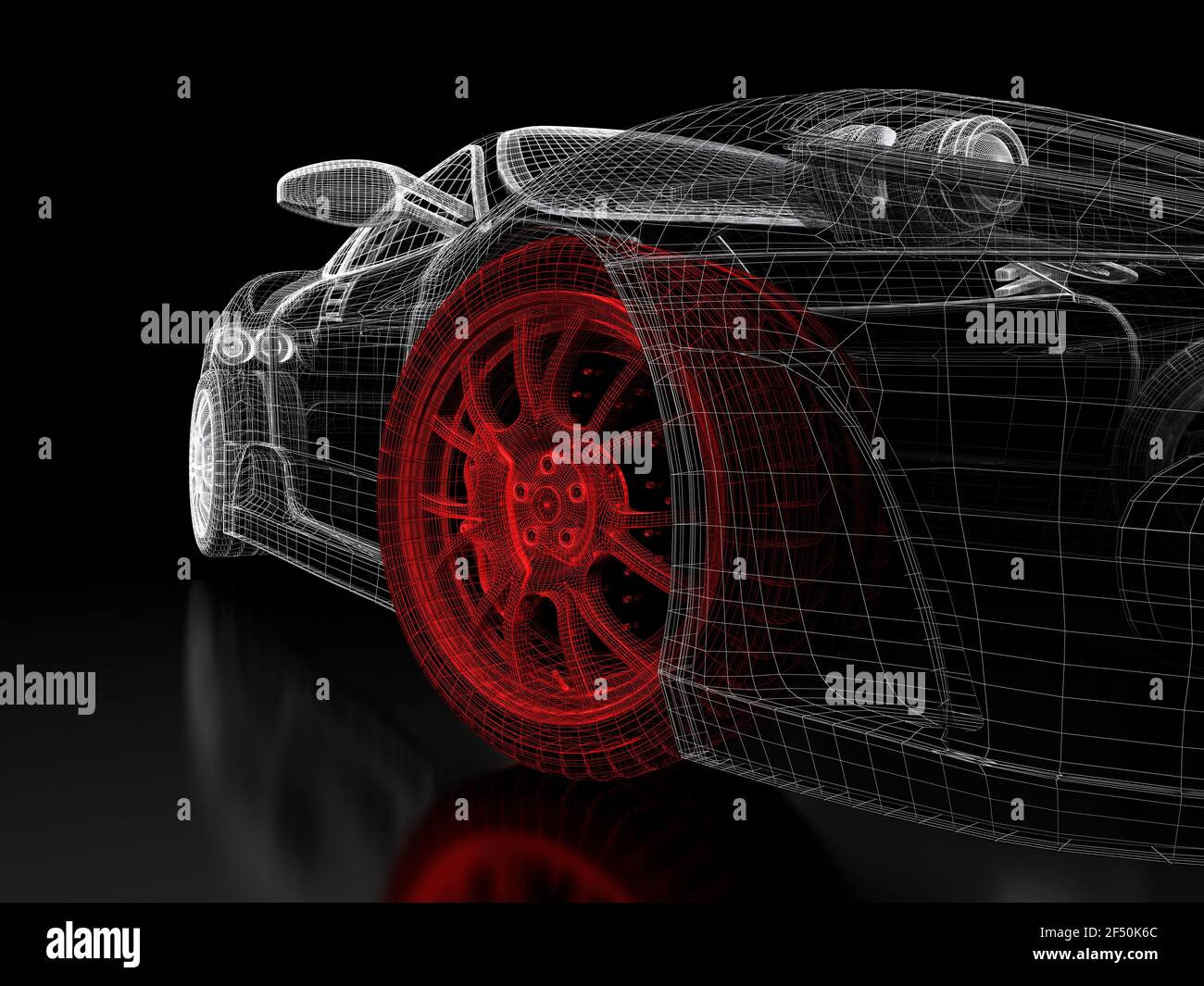 Car vehicle 3d blueprint mesh model with a red wheel tire on a black ...