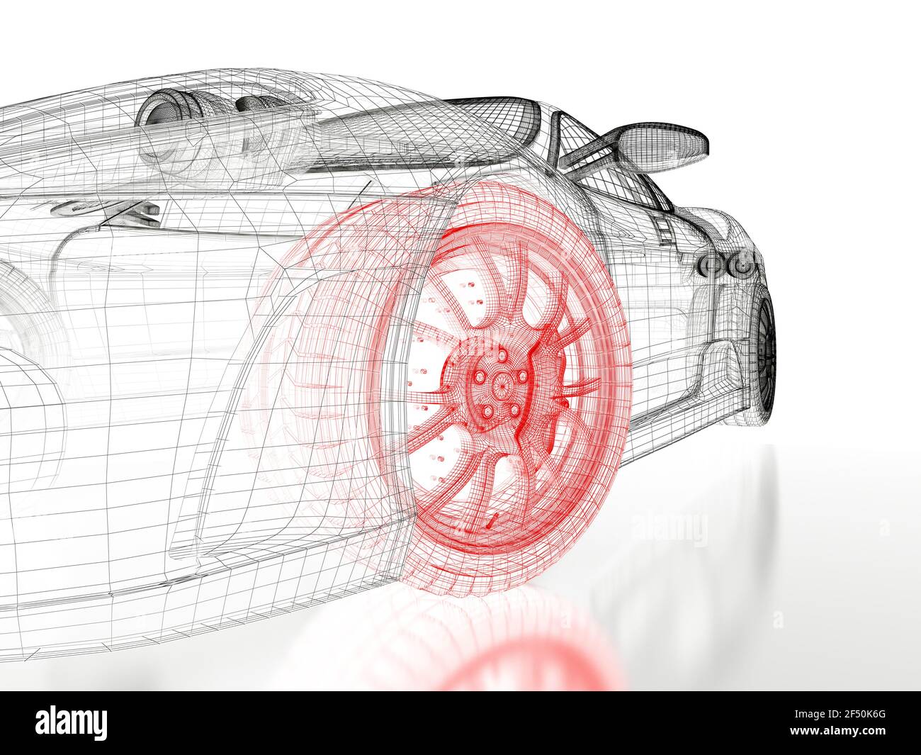 Car vehicle 3d blueprint mesh model with a red wheel tire on a white ...