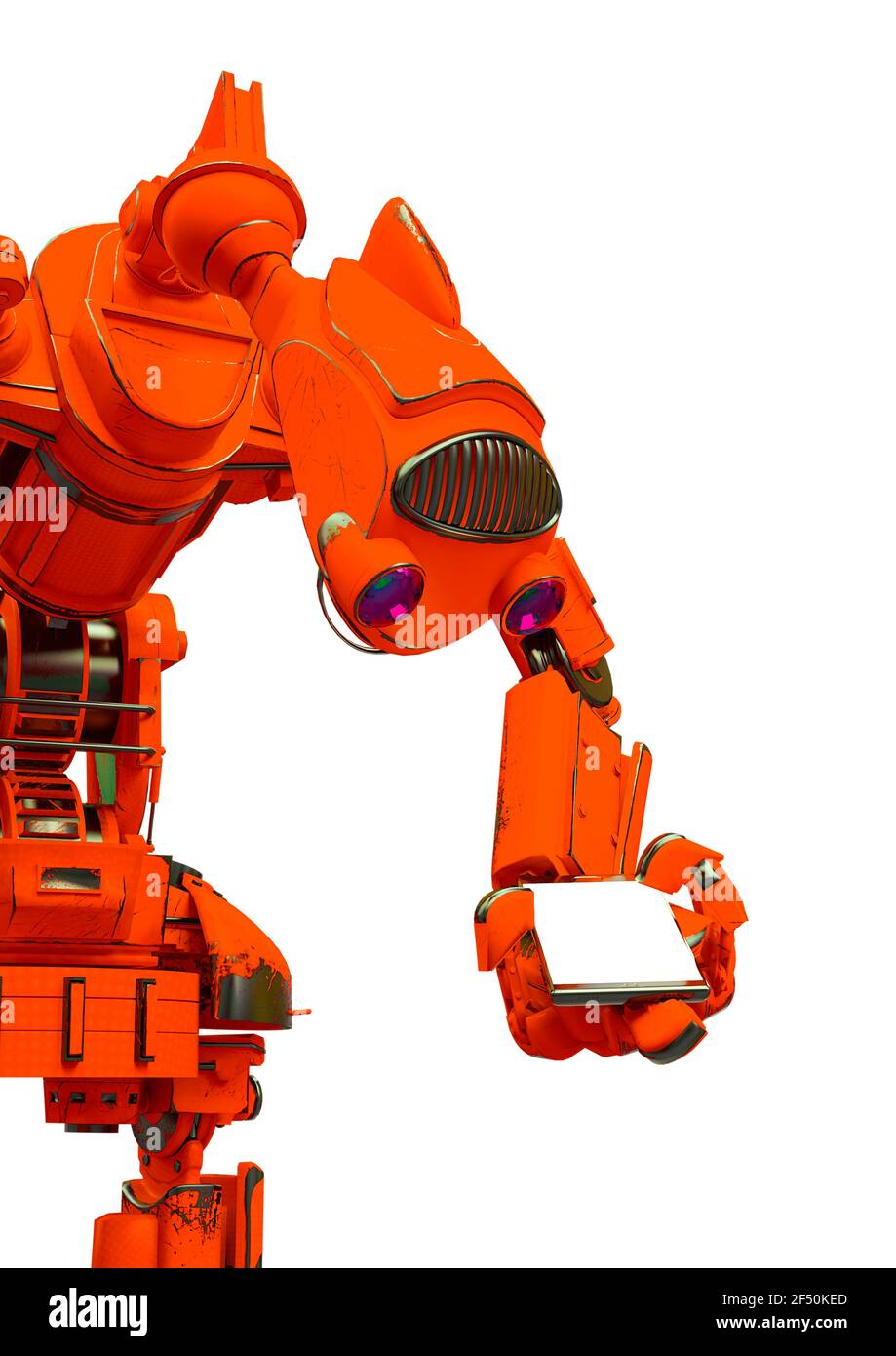 friendly robot is holding a cellphone in white background, 3d ...