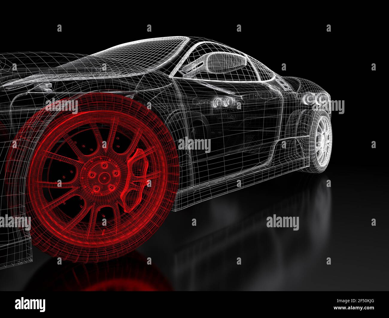 Car vehicle 3d blueprint mesh model with a red wheel tire on a black ...