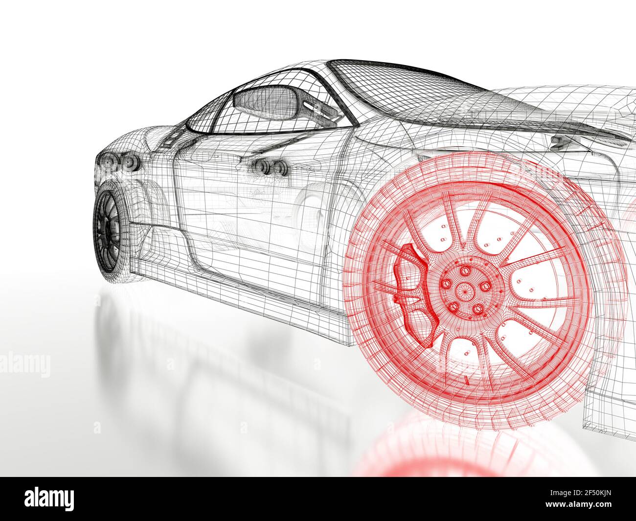 Car vehicle 3d blueprint mesh model with a red wheel tire on a white ...
