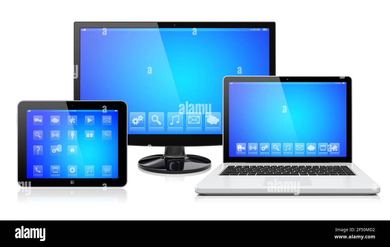 Computer monitor, laptop and tablet pc, with a blue screen and apps ...
