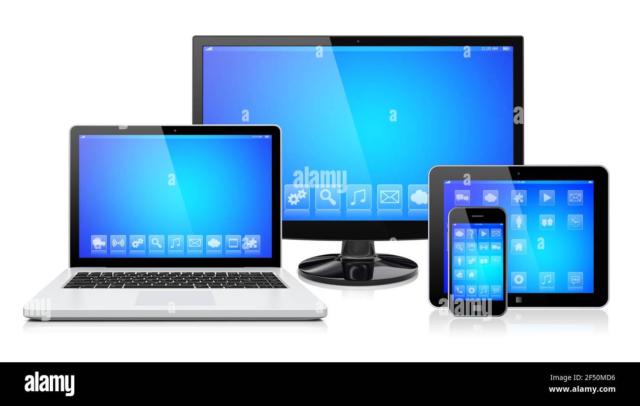 Computer monitor, laptop, tablet pc, and mobile smartphone with a blue ... Computer monitor, laptop, tablet pc, and mobile smartphone with a blue ...