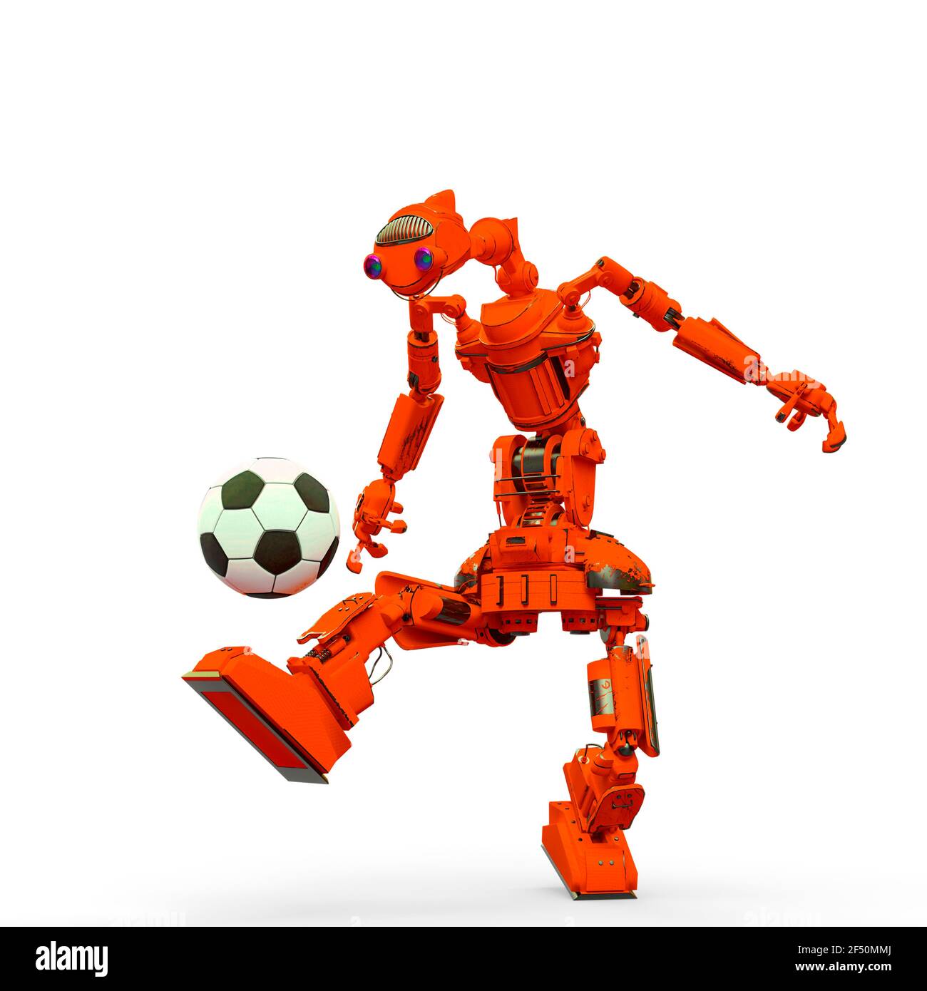 friendly robot is playing football in white background, 3d illustration ...