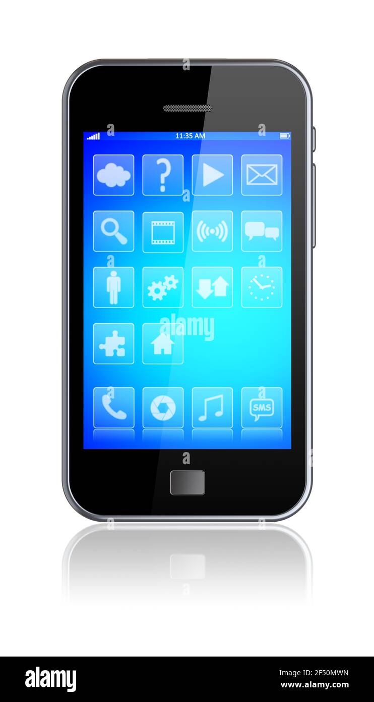 Mobile smartphone with blue touch screen and apps . 3d image Stock ...