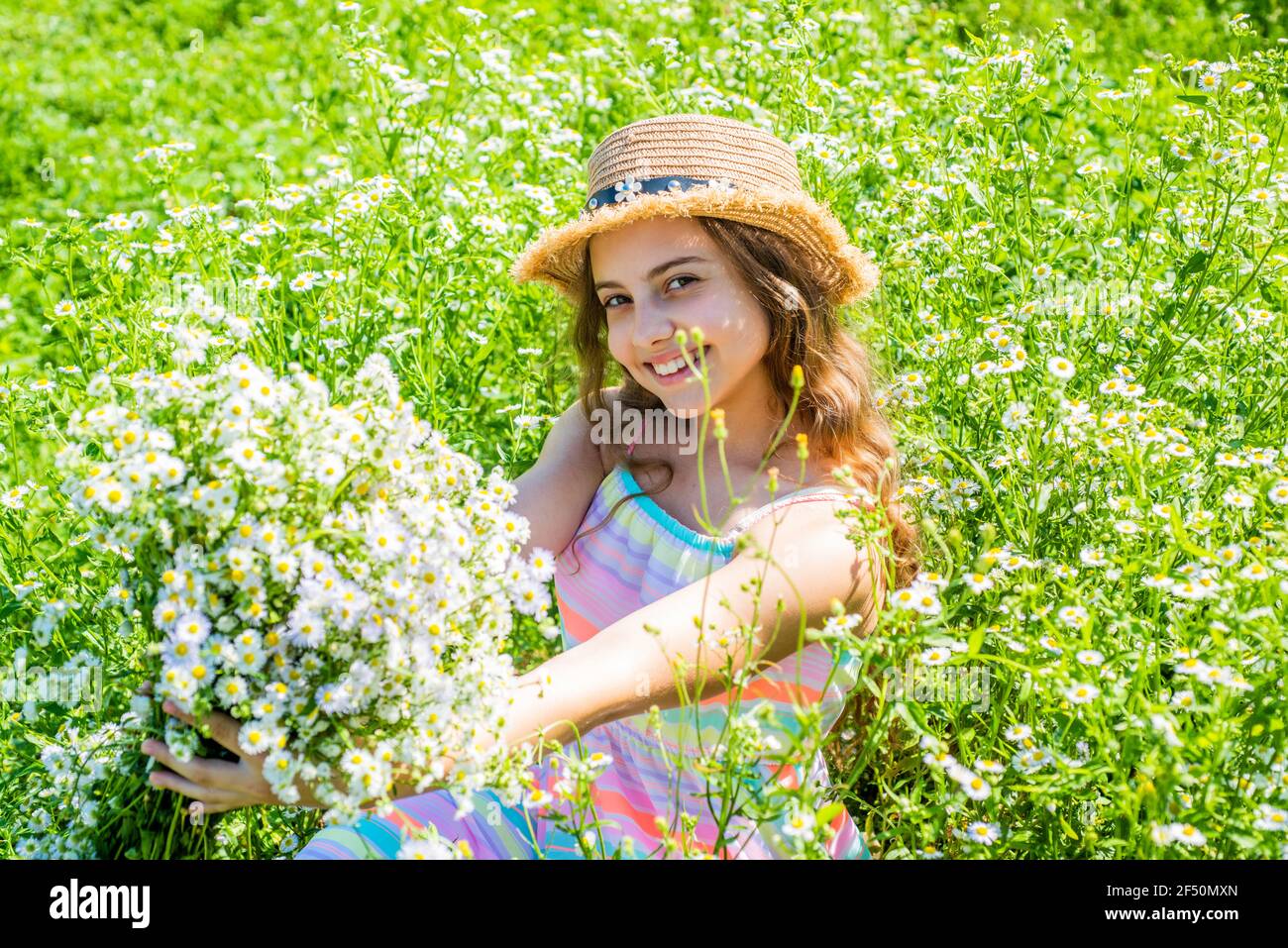 Holiday flower arrangements. Happy child hold flower bunch on chamomile ...
