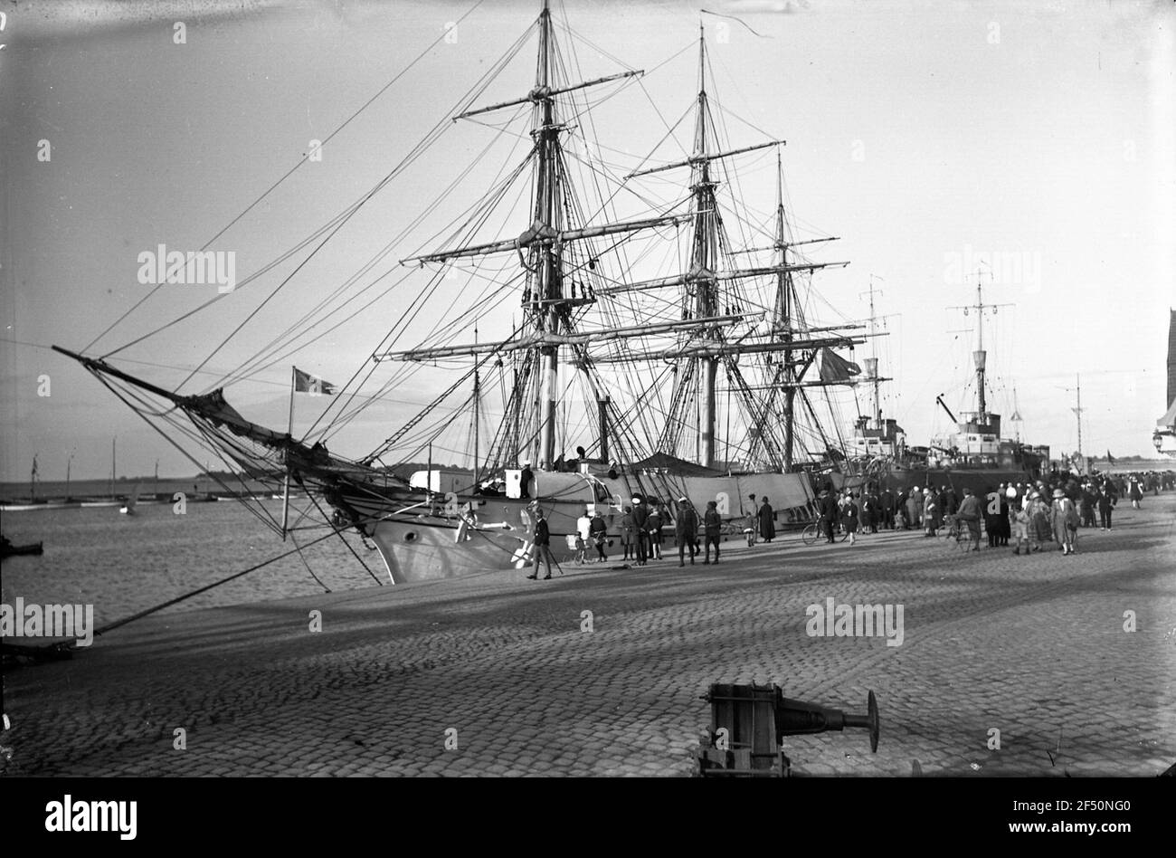 Stralsund. Port. Sailing school ship from Sweden. An oblique view from ...