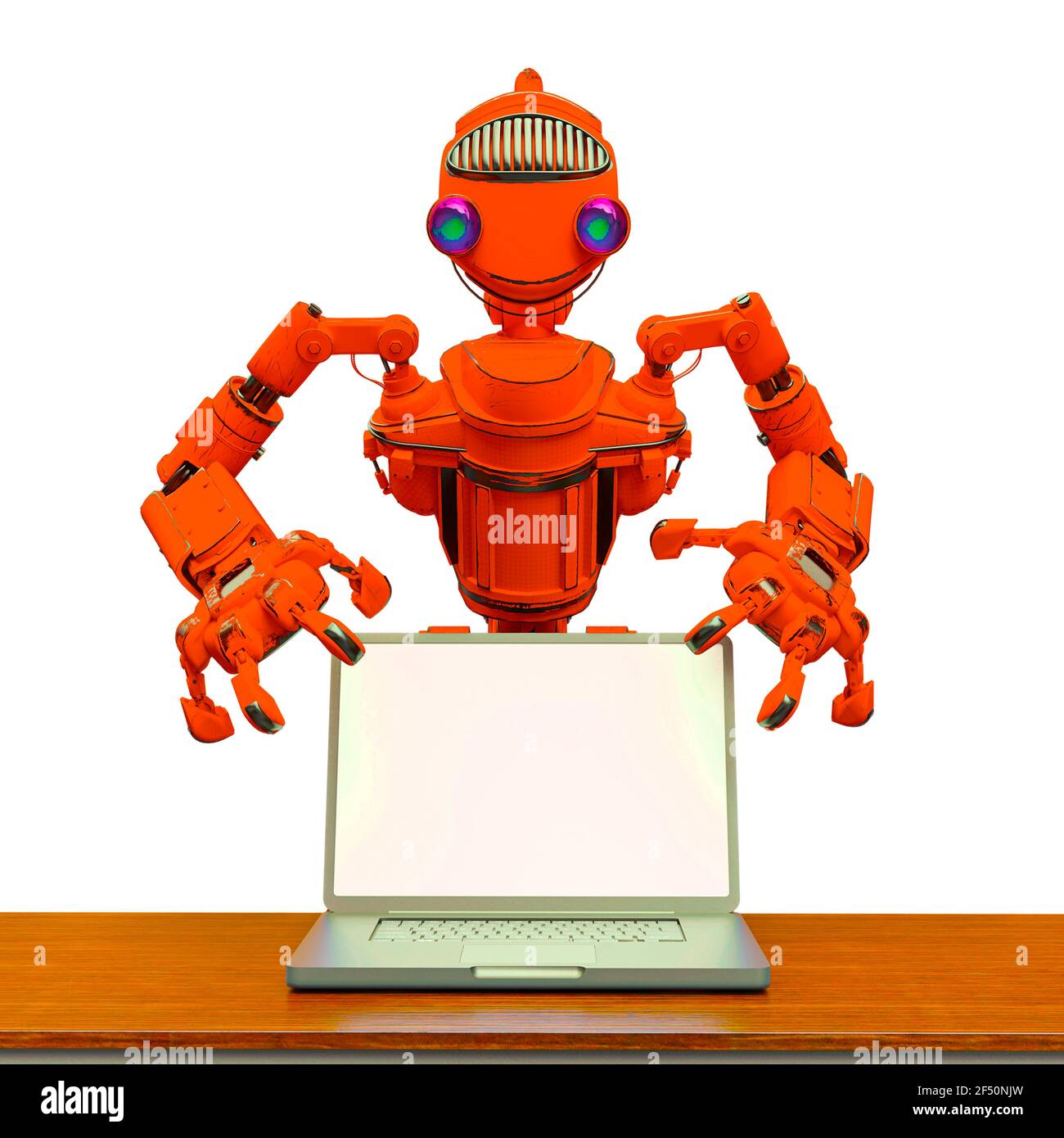friendly robot with a laptop in white background, 3d illustration Stock ...