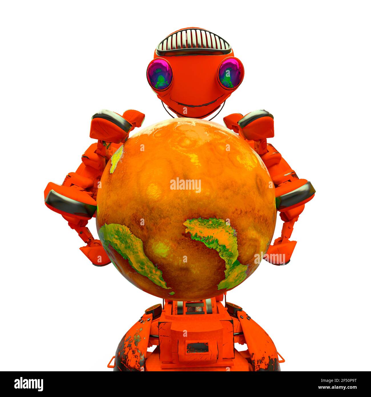 friendly robot is holding a planet on his hands in white background ...