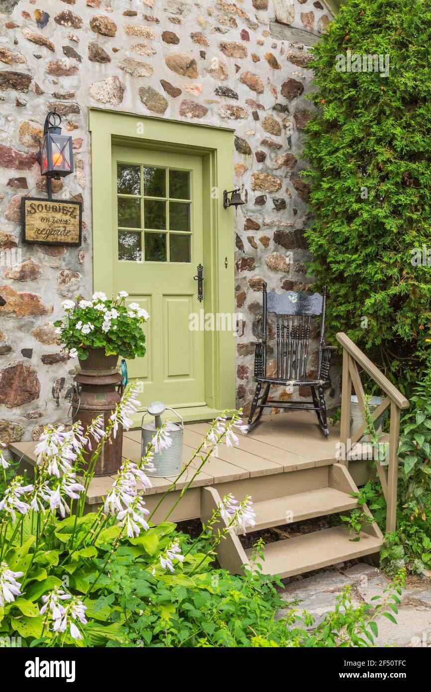 Old circa 1735 Canadiana fieldstone house with lime green side-door ...