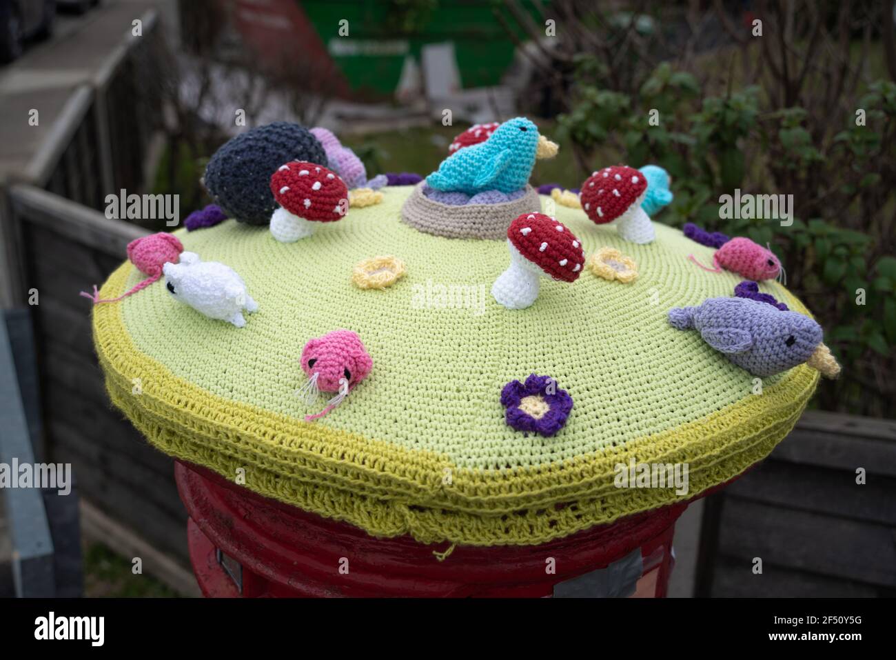 Red, postbox, post box, crocheted, Royal Mail, woolly hats, covers ...
