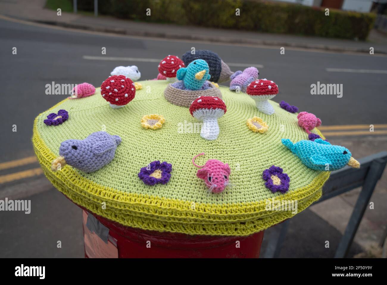 Red, postbox, post box, crocheted, Royal Mail, woolly hats, covers ...