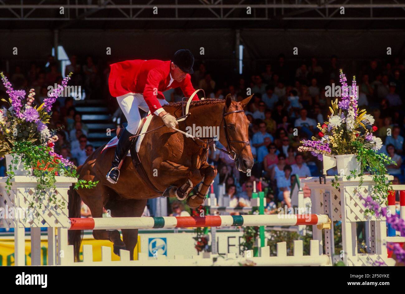 CSIO Luxembourg 1990, Joe Fargis (USA) riding Mill Pearl Stock Photo ...