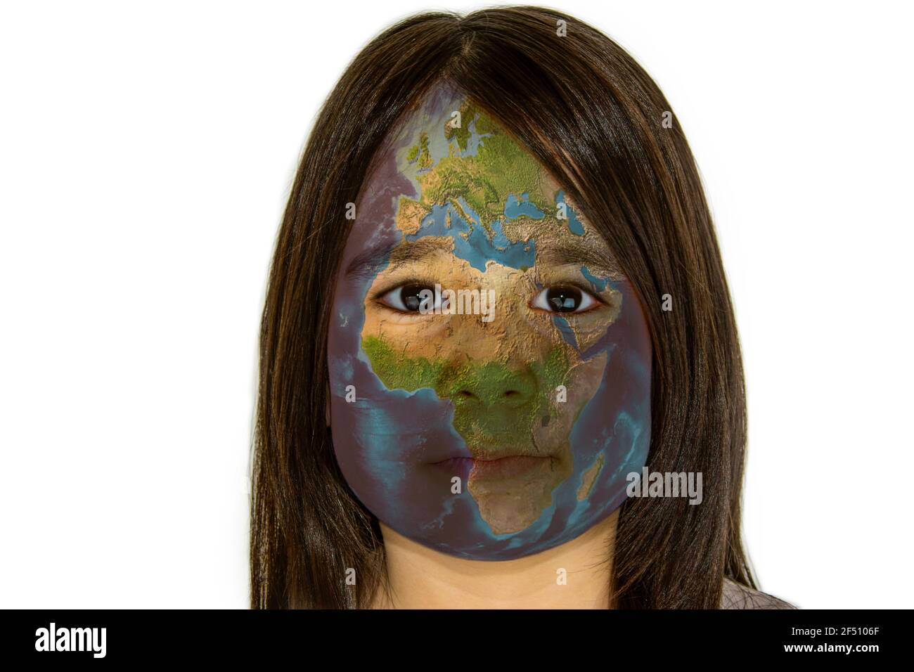 Little girl with world map painted on her face on white isolated ...