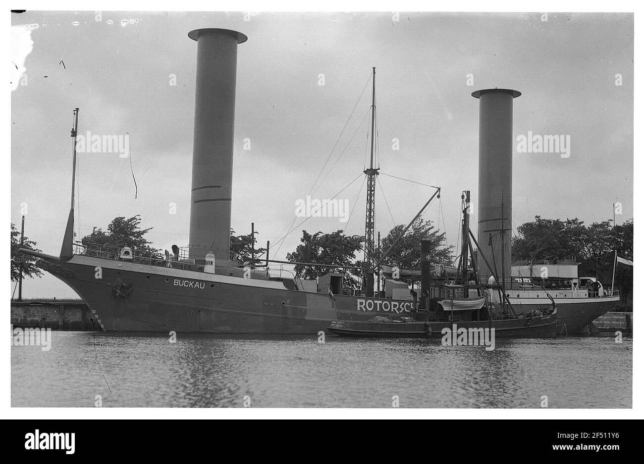 Rügen / Germany: Rotor ship Buckau with assistant steamer in the harbor ...